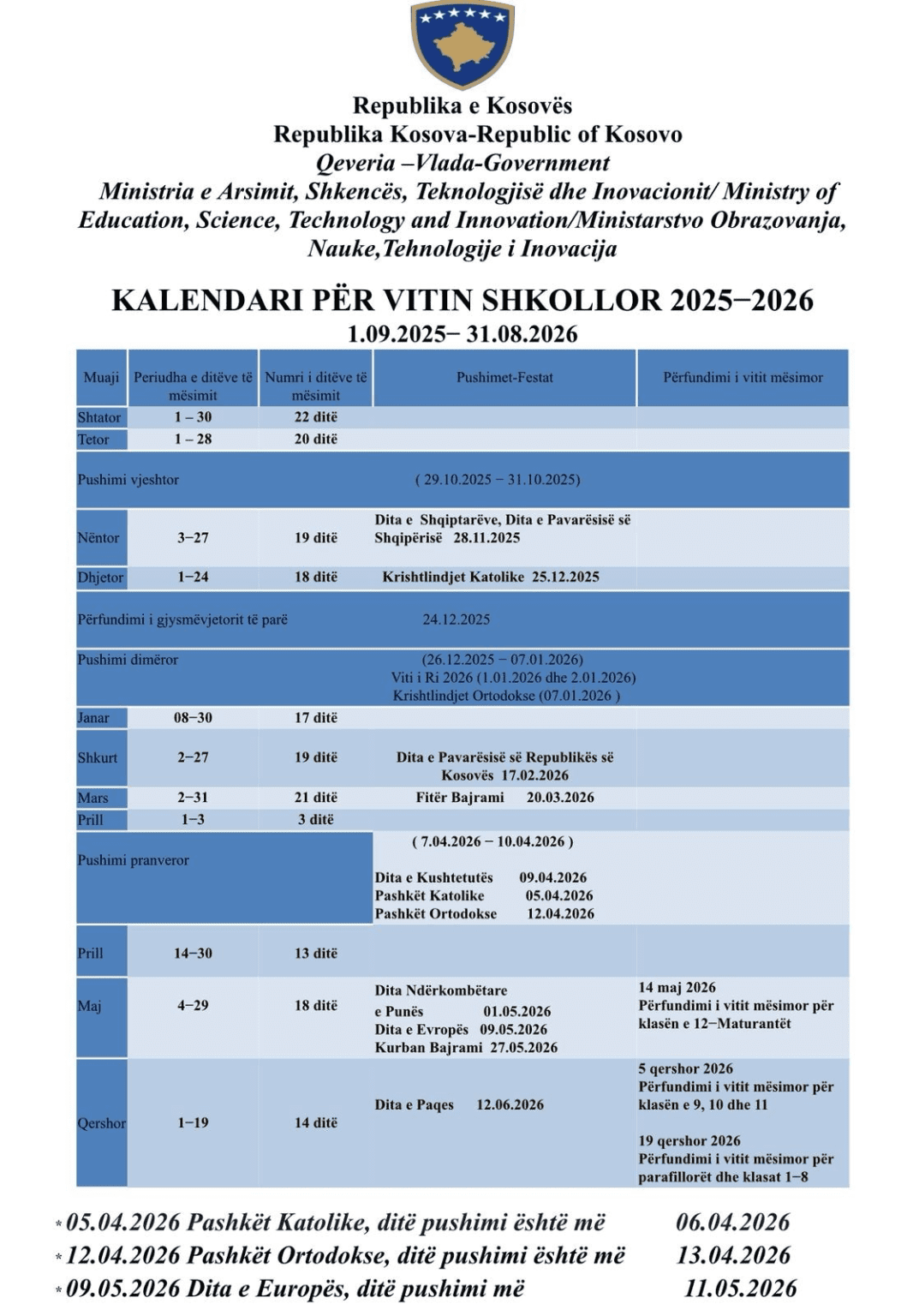 Publikohet kalendari i vitit shkollor 2025-2026 - Gazeta Enigma